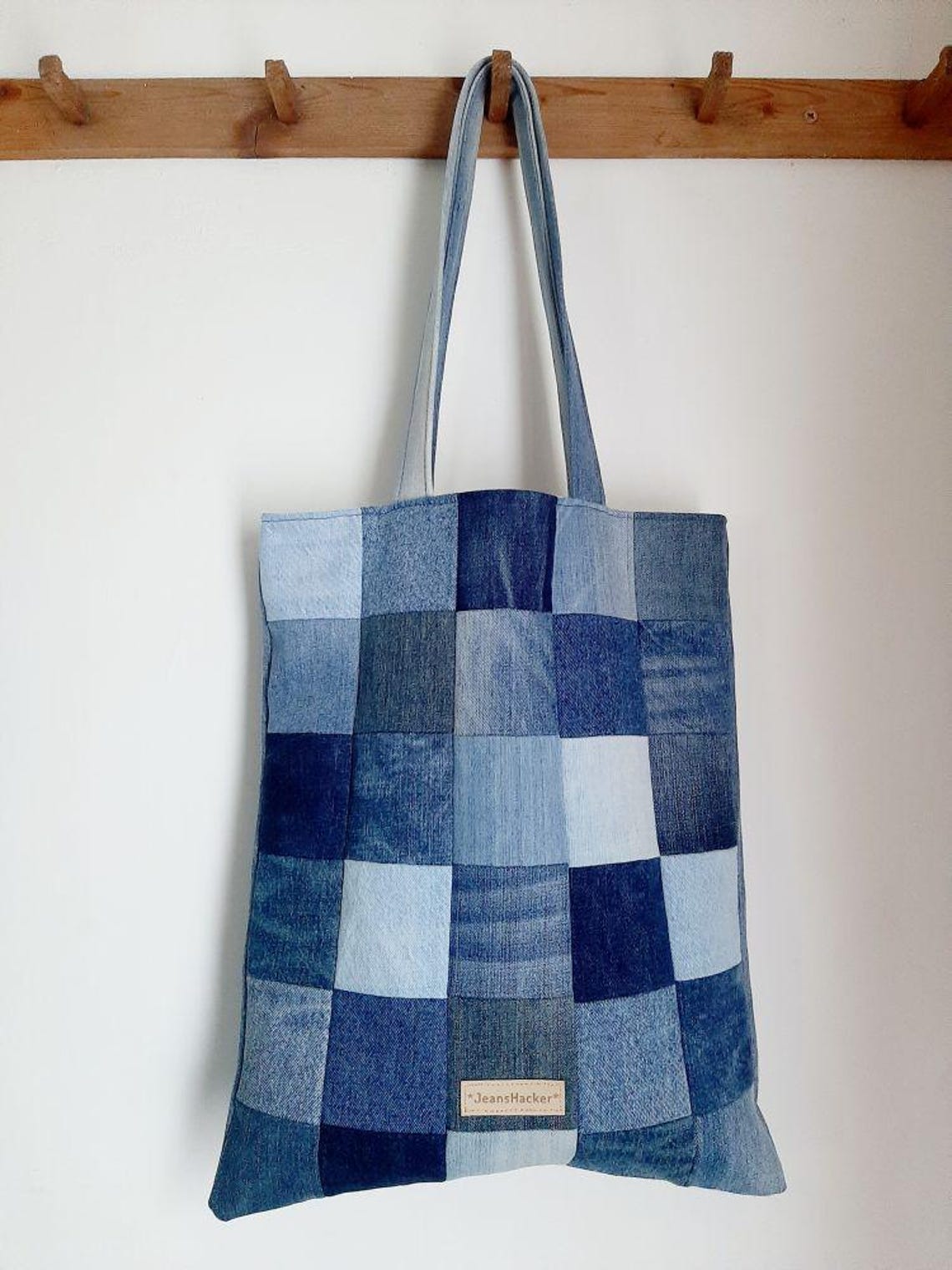 Denim Patchwork Tote Bag, Upcycled Denim Shopper Bag, Minimalist ...