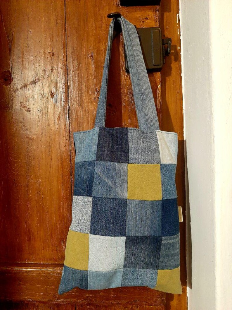 Denim Patchwork Tote Bag, Upcycled Denim Shopper Bag, Minimalist ...