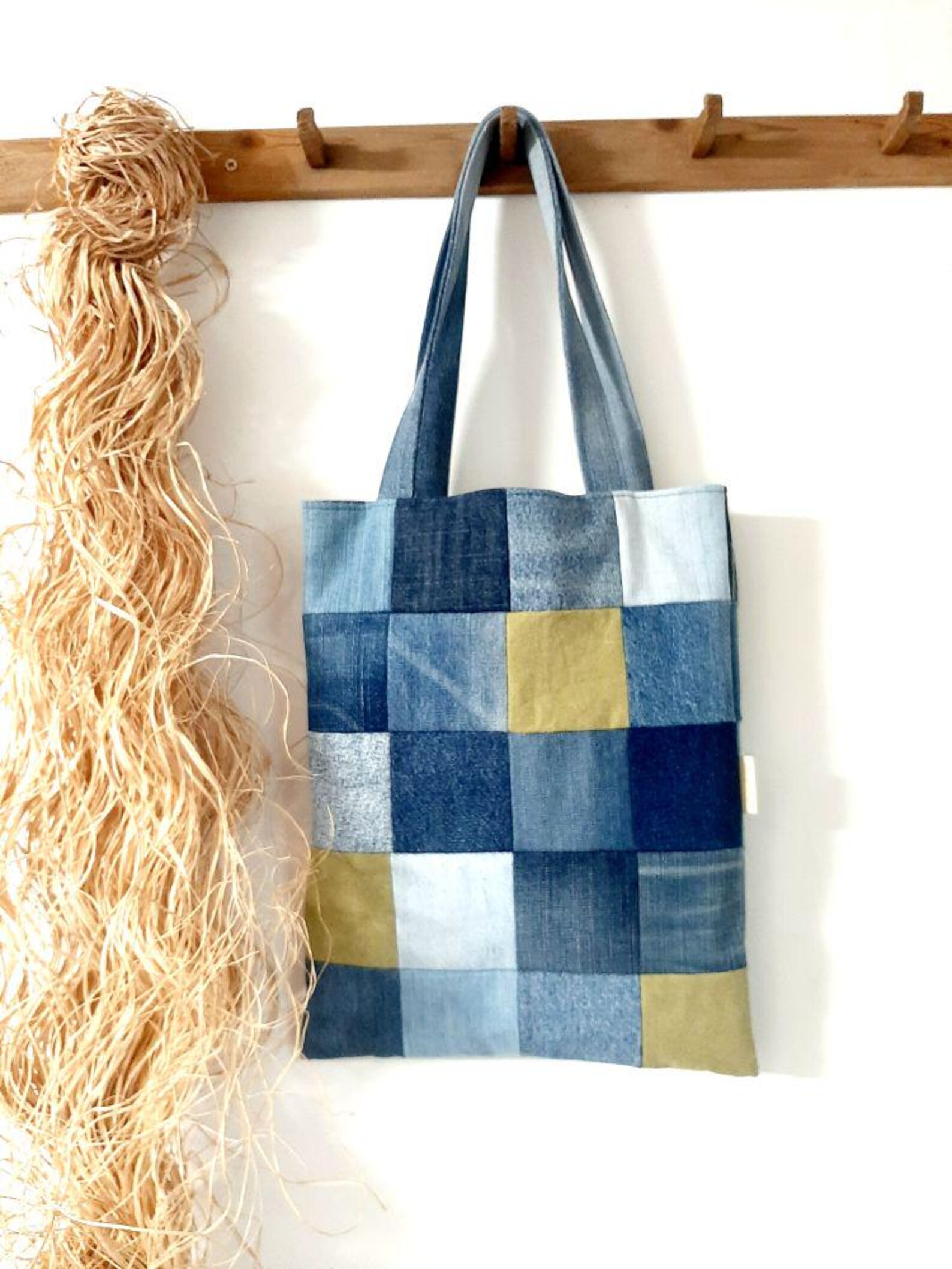Denim Patchwork Tote Bag, Upcycled Denim Shopper Bag, Minimalist ...