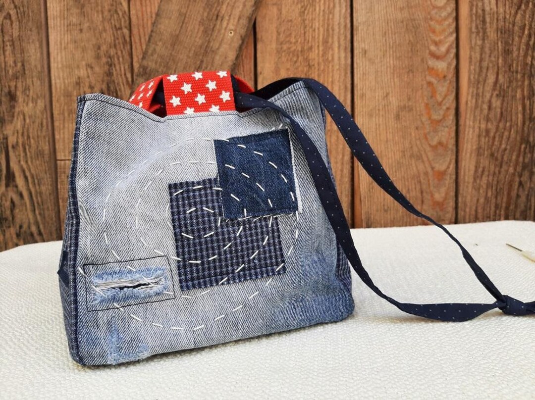 Japanese Rice Bag With Hand Stitching, Upcycled Denim Bag, Project Bag ...