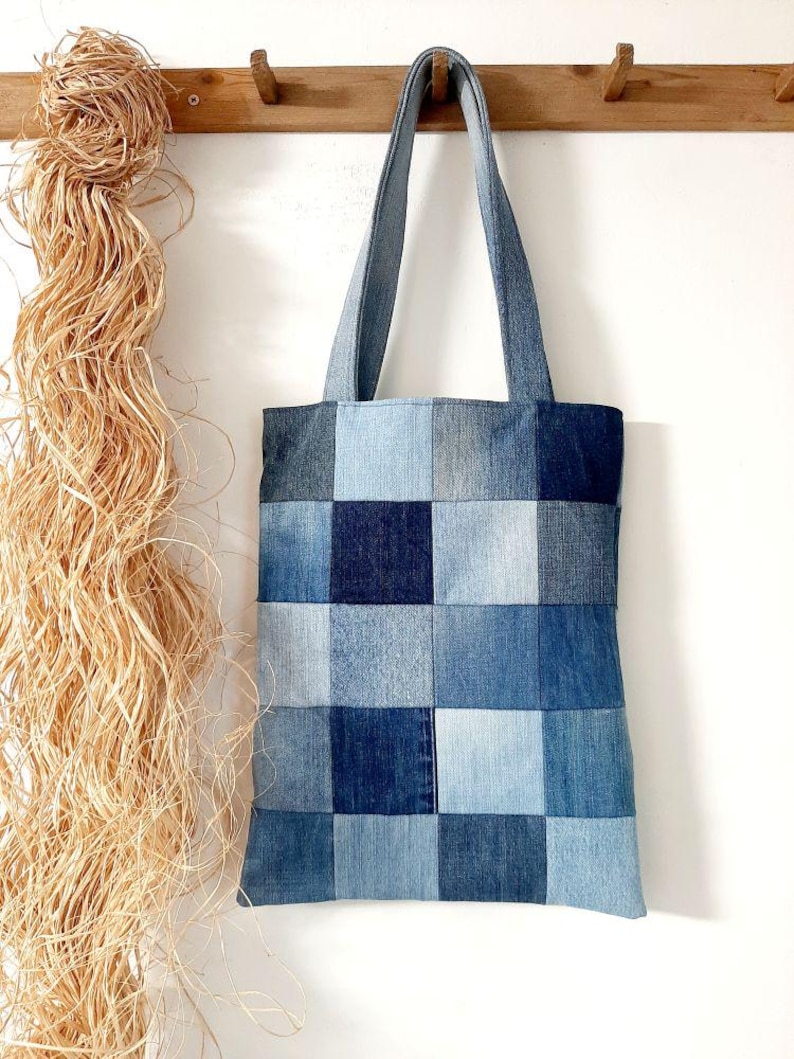 Denim Patchwork Tote Bag, Upcycled Denim Shopper Bag, Minimalist ...