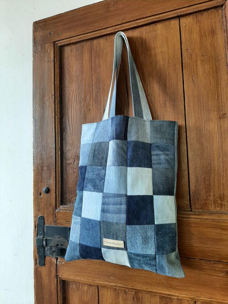 Denim Patchwork Tote Bag, Upcycled Denim Shopper Bag, Minimalist ...
