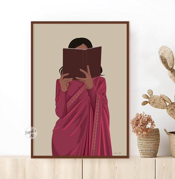 Indian Woman Reading Book Desi Art Book Lover Artsouth - Etsy