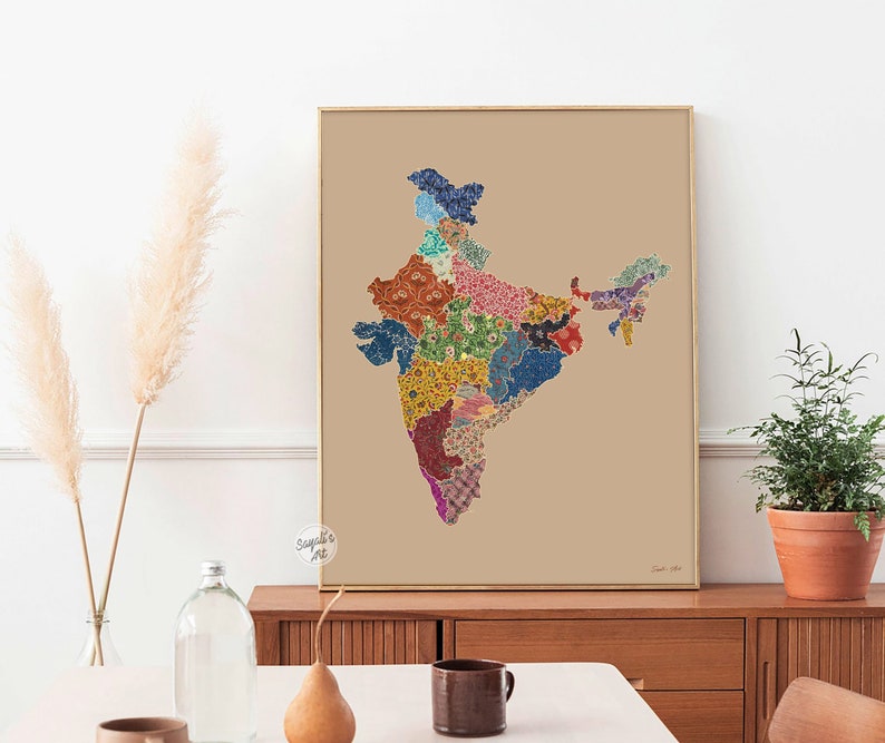 India Map Poster, Colorful Indian Map, Fabric Themed Indian Map Art ...