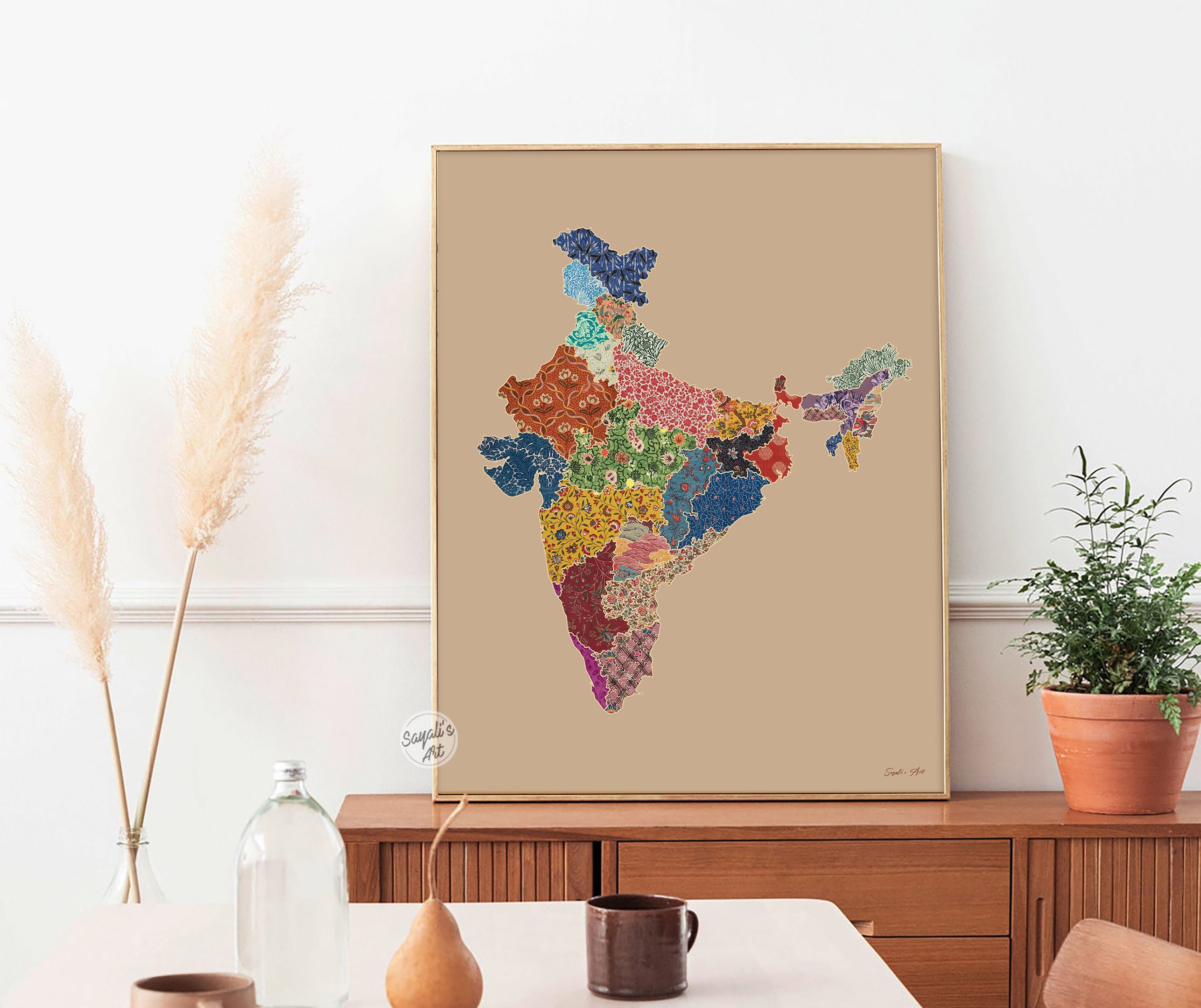 India Map Poster, Colorful Indian Map, Fabric Themed Indian Map Art ...