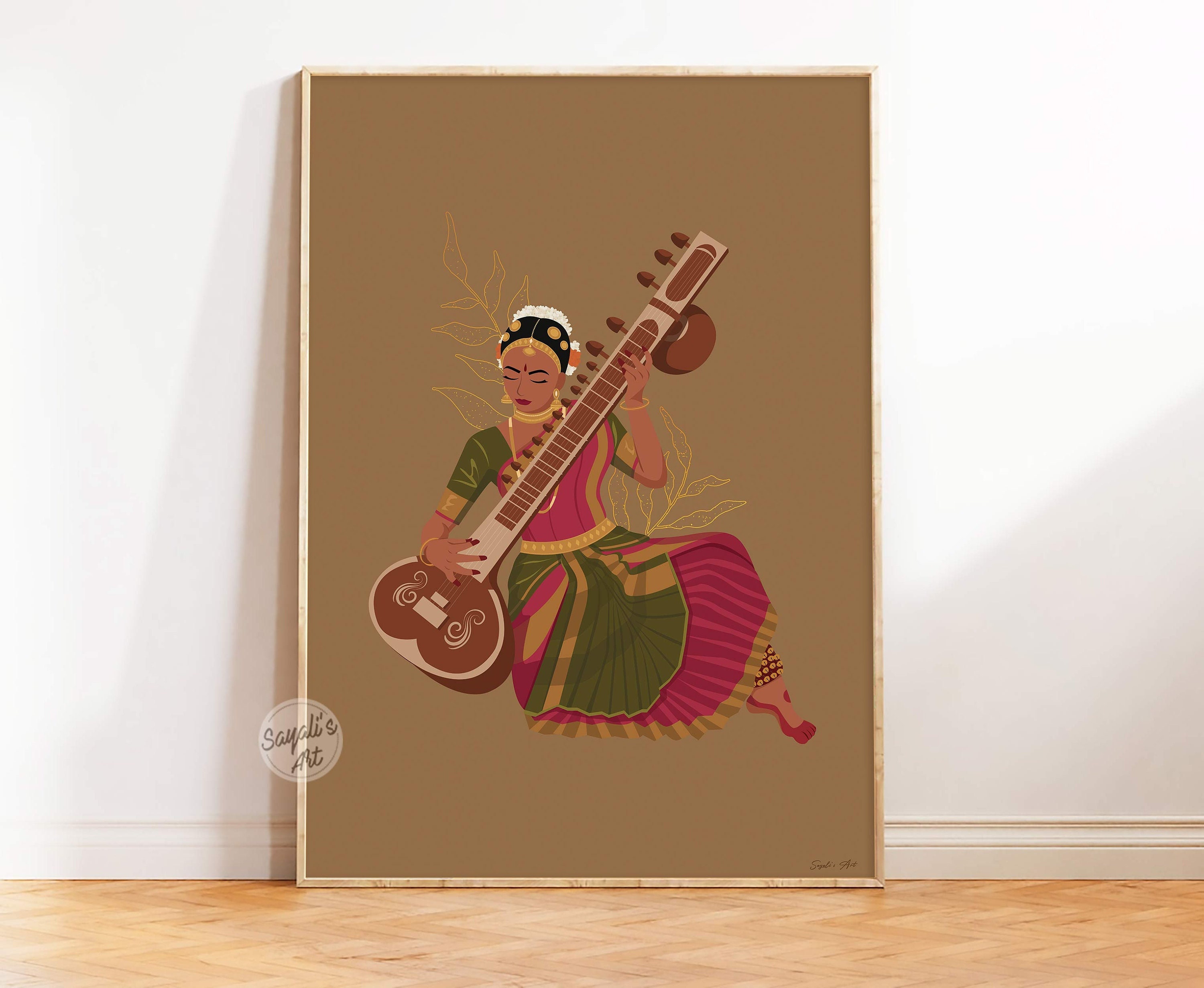 Veena Art ,south Asian Art, Indian Woman Wall Art, Desi Art, Saraswati ...