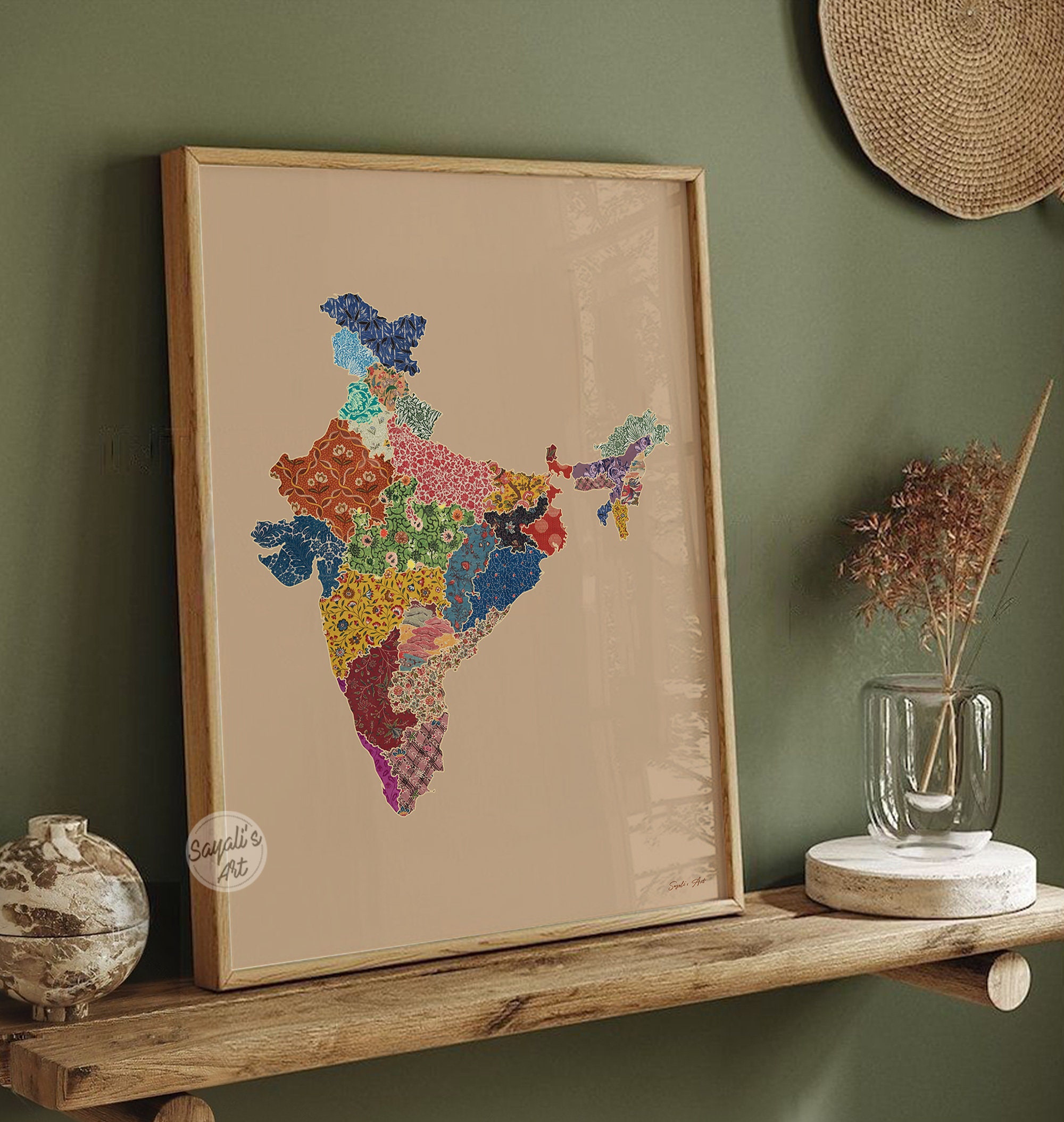 India Map Poster, Colorful Indian Map, Fabric Themed Indian Map Art ...