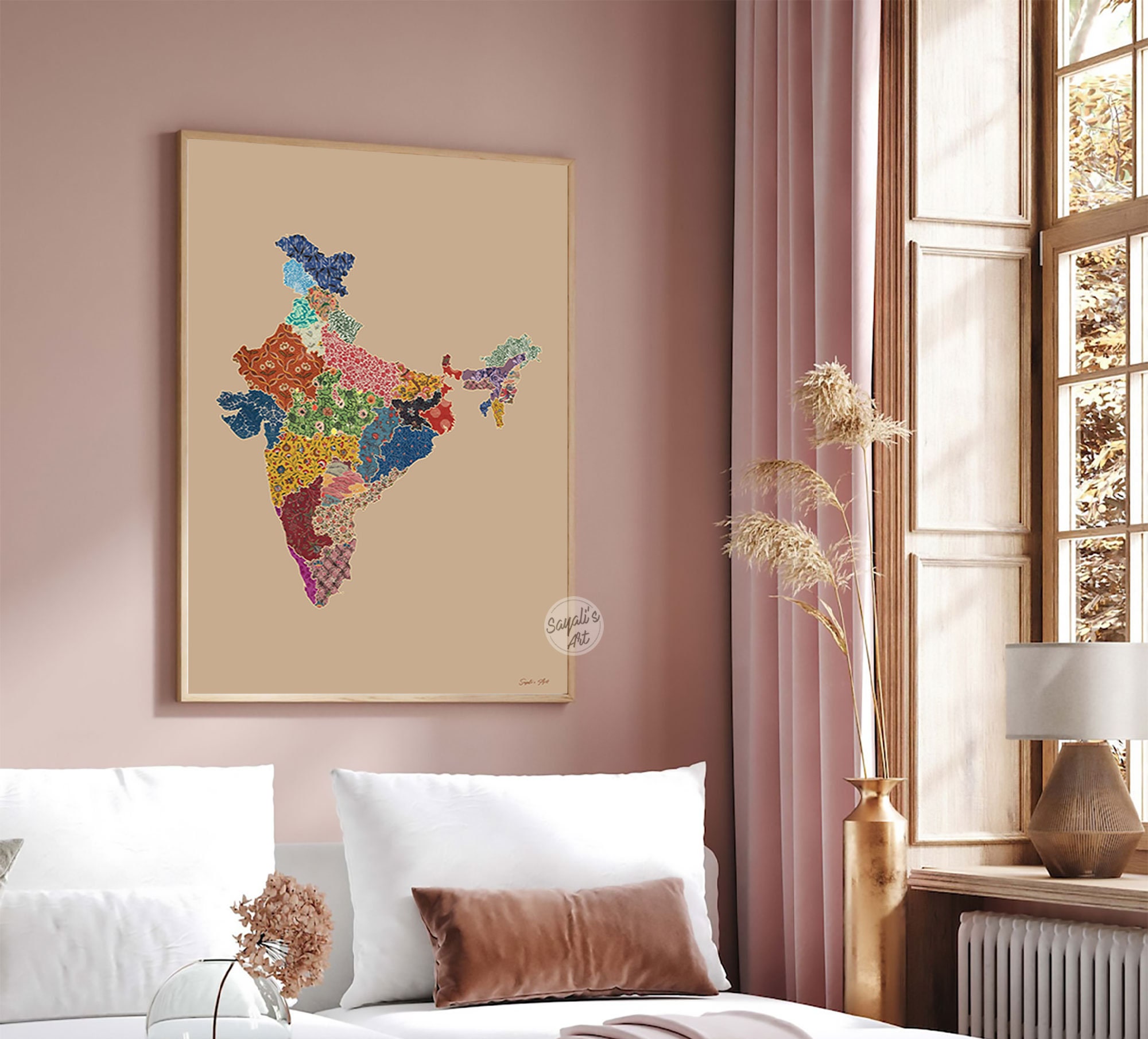 India Map Poster, Colorful Indian Map, Fabric Themed Indian Map Art ...