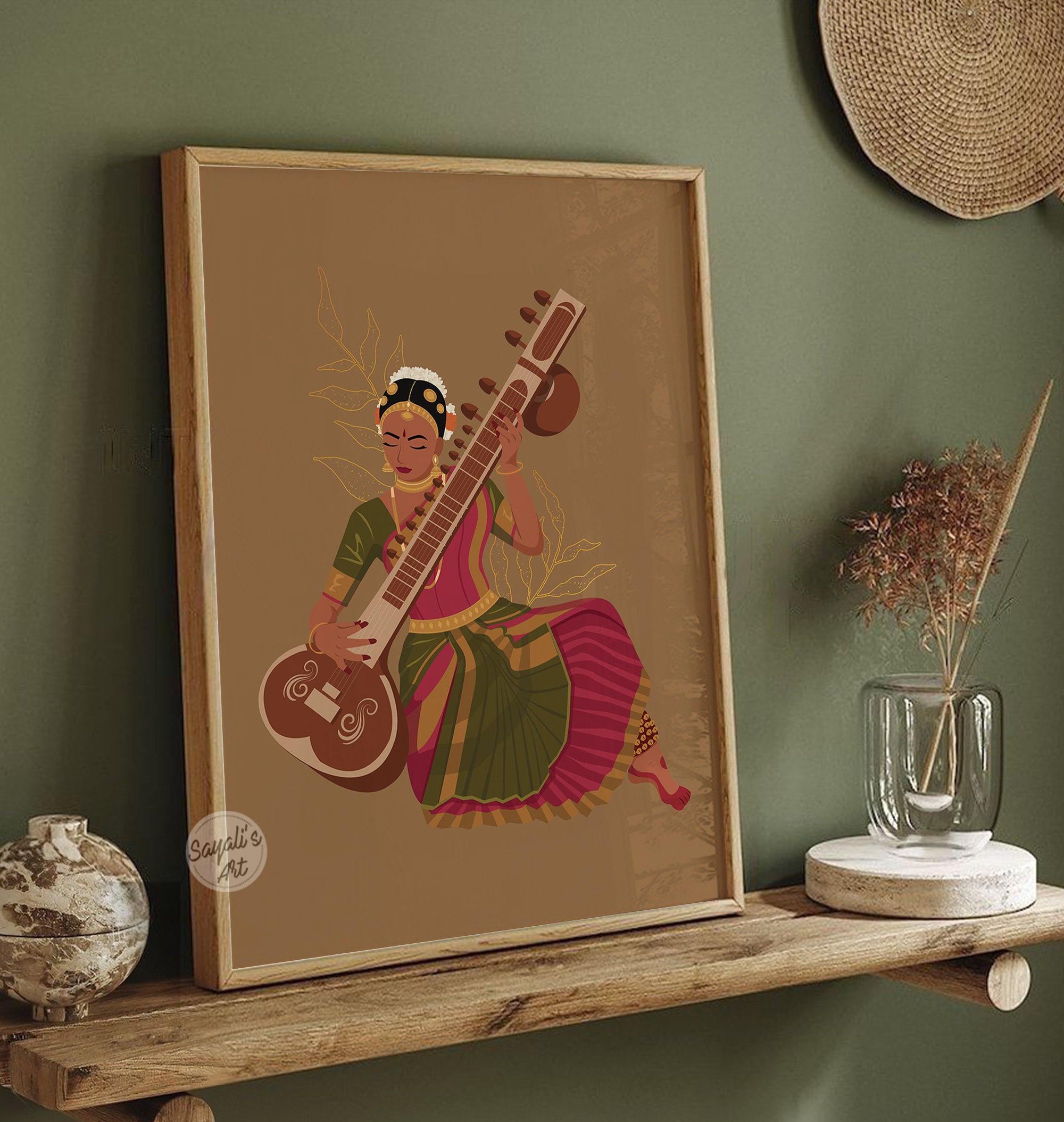 Veena Art ,south Asian Art, Indian Woman Wall Art, Desi Art, Saraswati ...