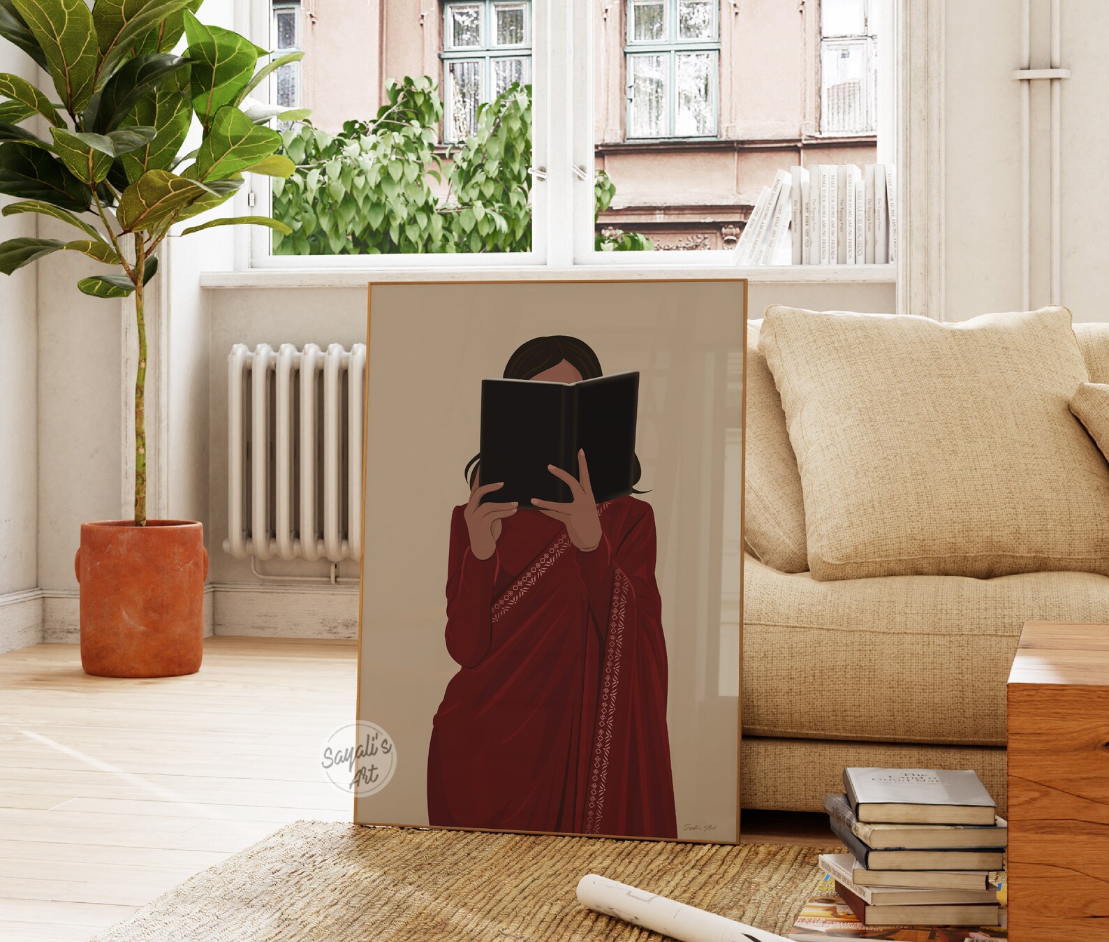 Indian Women in Saree Reading Book, Desi Art, Boho Art,indian Book ...