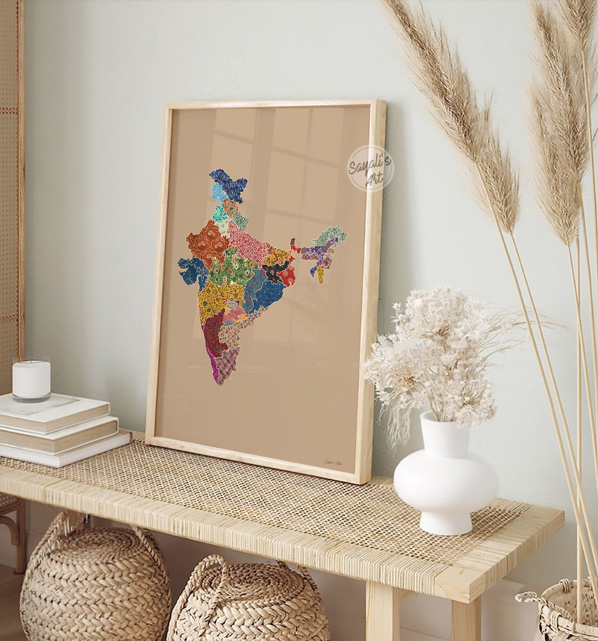India Map Poster, Colorful Indian Map, Fabric Themed Indian Map Art ...