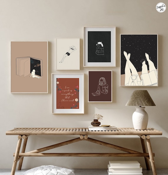 Set of 6 Printswoman Reading Book Line Artbookish - Etsy
