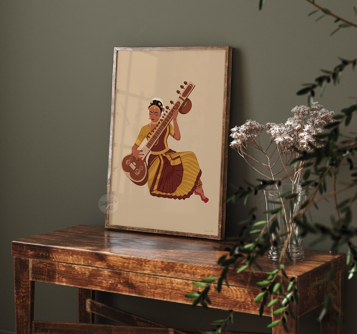 Veena Art, Indian Wall Art, Tamil Girl,desi Art, Saraswati Veena ...