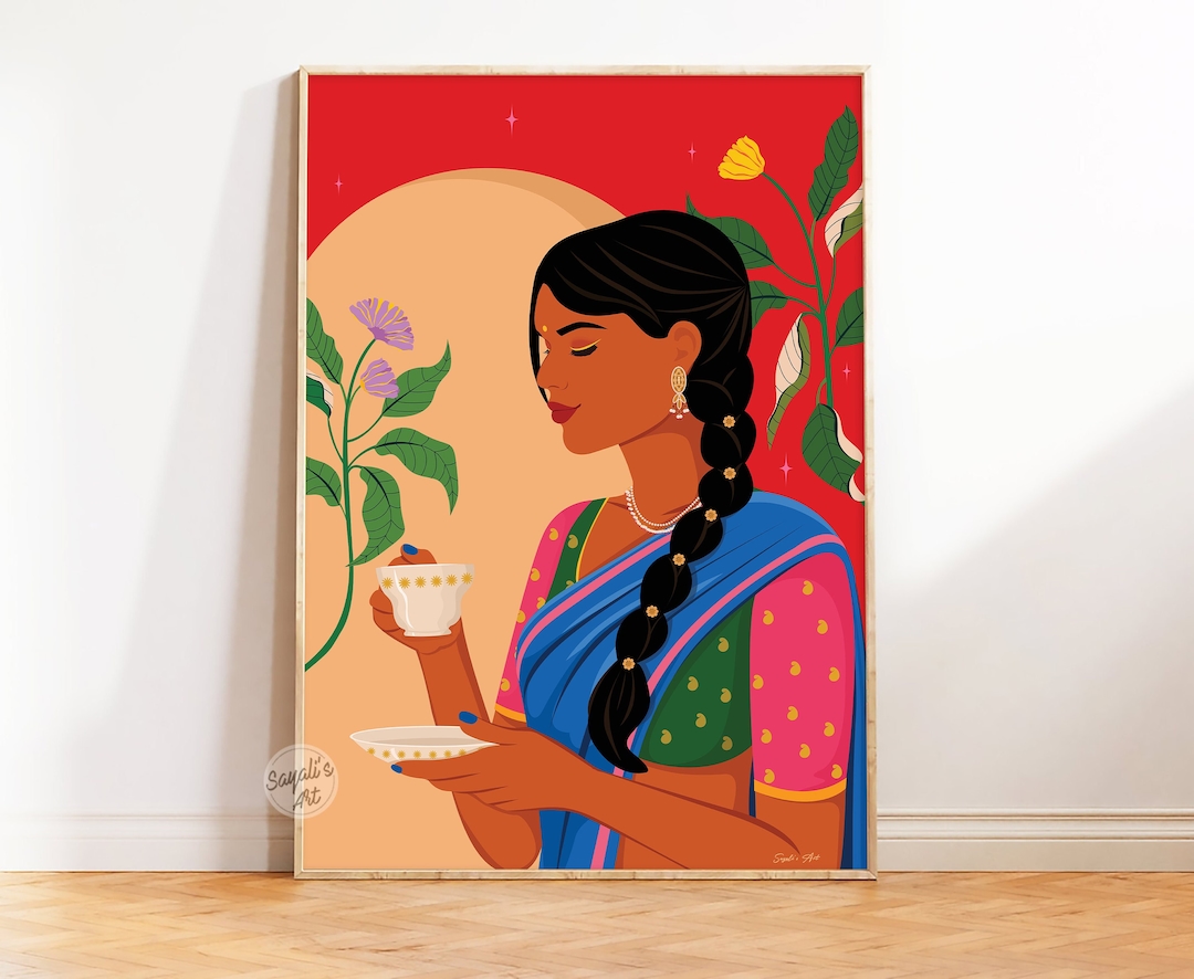 Indian Woman Drinking Chai Art, Desi Art Print, Brown Indian Girl ...