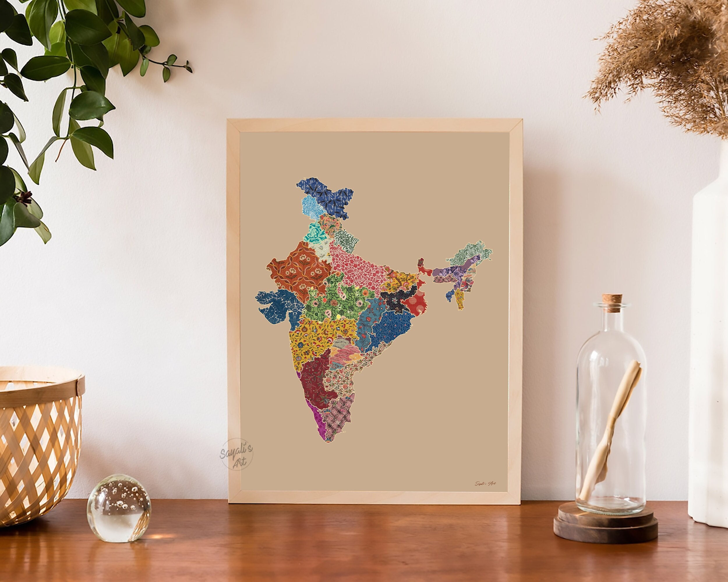 India Map Poster, Colorful Indian Map, Fabric Themed Indian Map Art ...