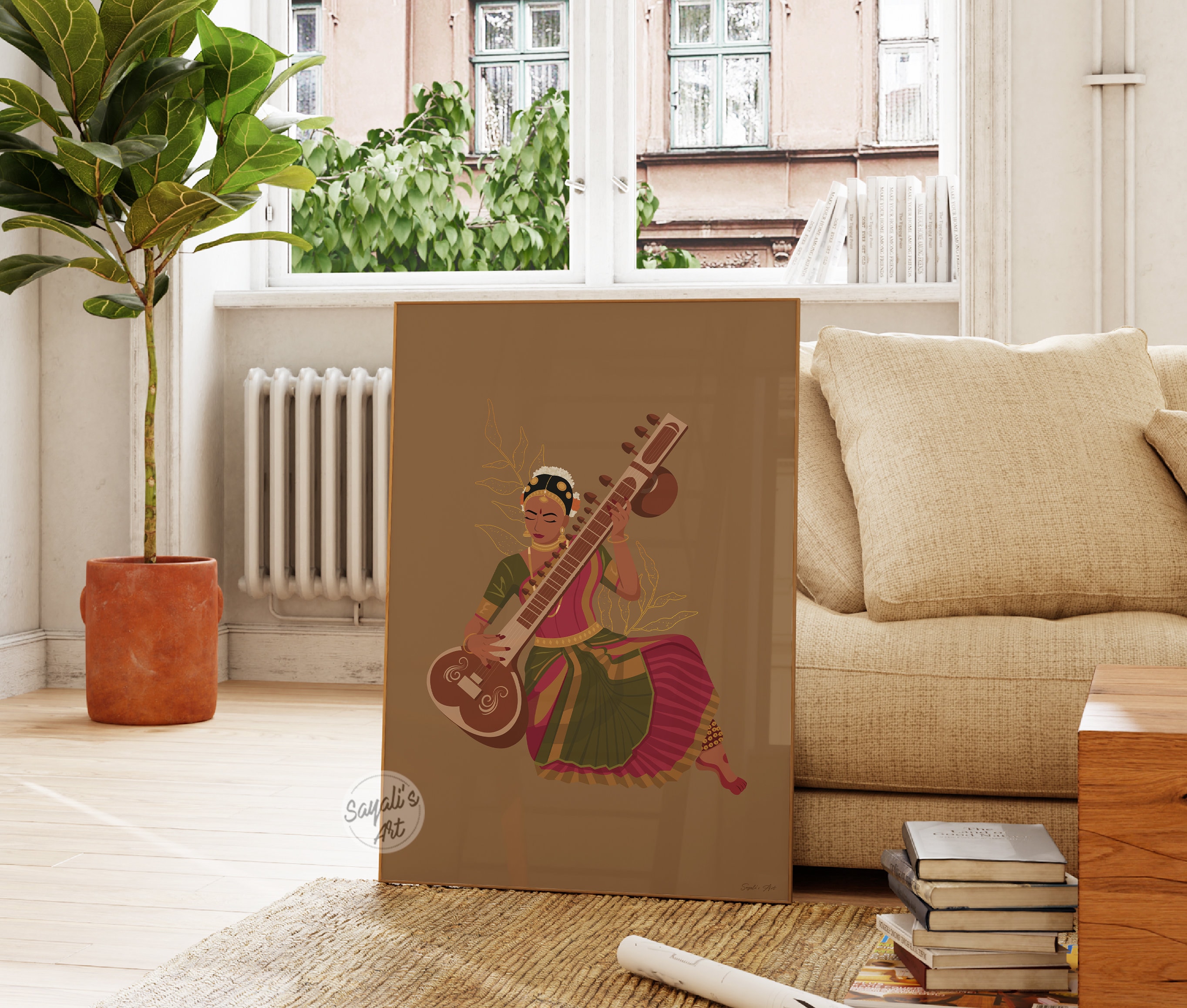 Veena Art ,south Asian Art, Indian Woman Wall Art, Desi Art, Saraswati ...