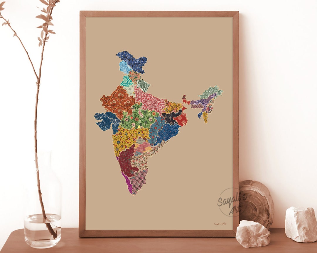 India Map Poster, Colorful Indian Map, Fabric Themed Indian Map Art ...