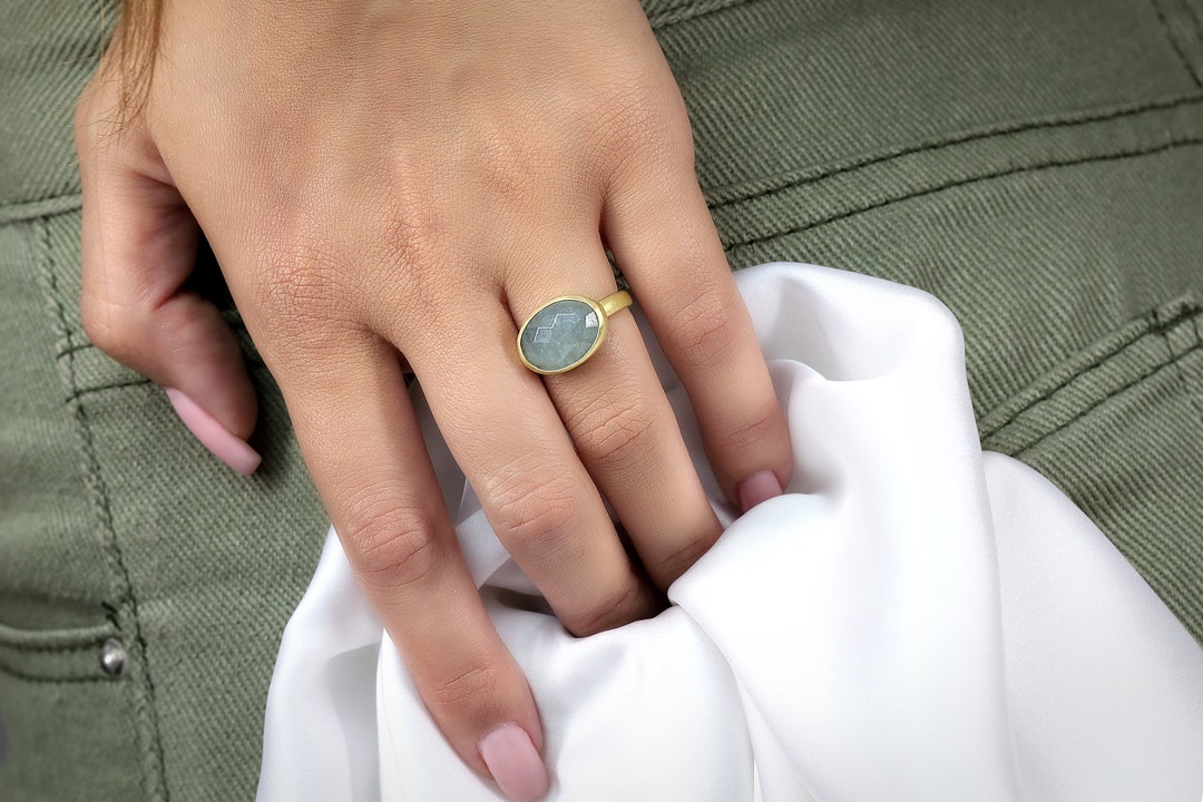 Brushed Gold Aquamarine Ring · Bezel Set Oval Stacking Ring · March Birthstone Ring ...