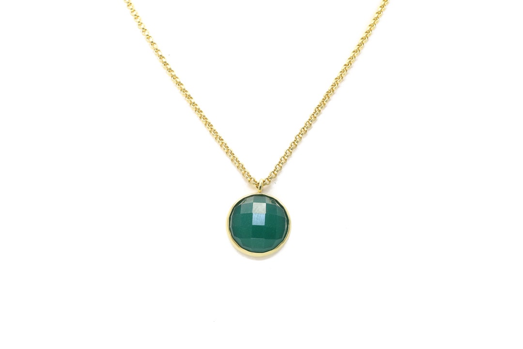 Green Onyx Pendant Necklace · 14k Gold Long Necklace · Deep Green Color ...