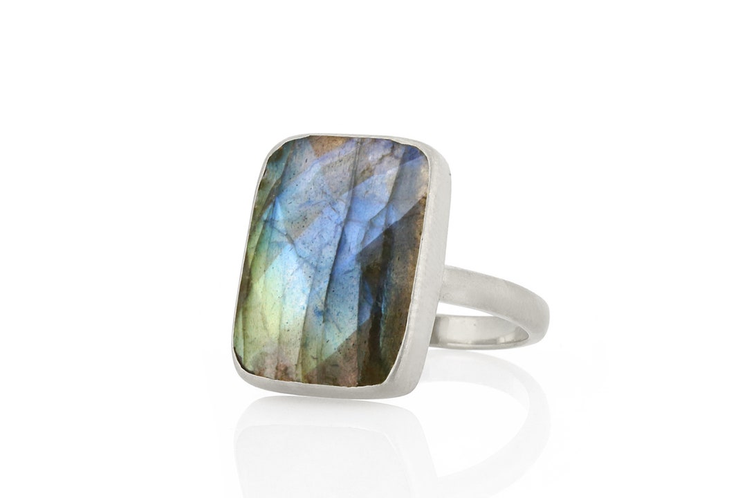 Silver Stackable Statement Ring · Big Rectangle Labradorite · 925 ...