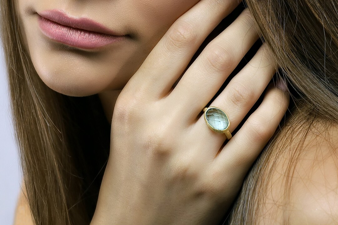 Brushed Gold Blue Topaz Ring · Bezel Set Oval Cut Topaz · Stackable 14k Gold Ring · Semiprecious ...