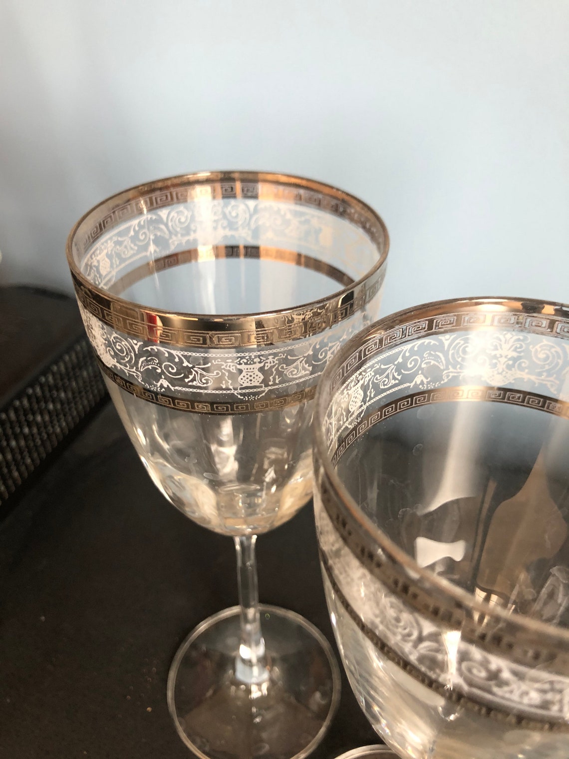 Vintage Wine Glasses Goblets Silver Rim Greek Key Design - Etsy