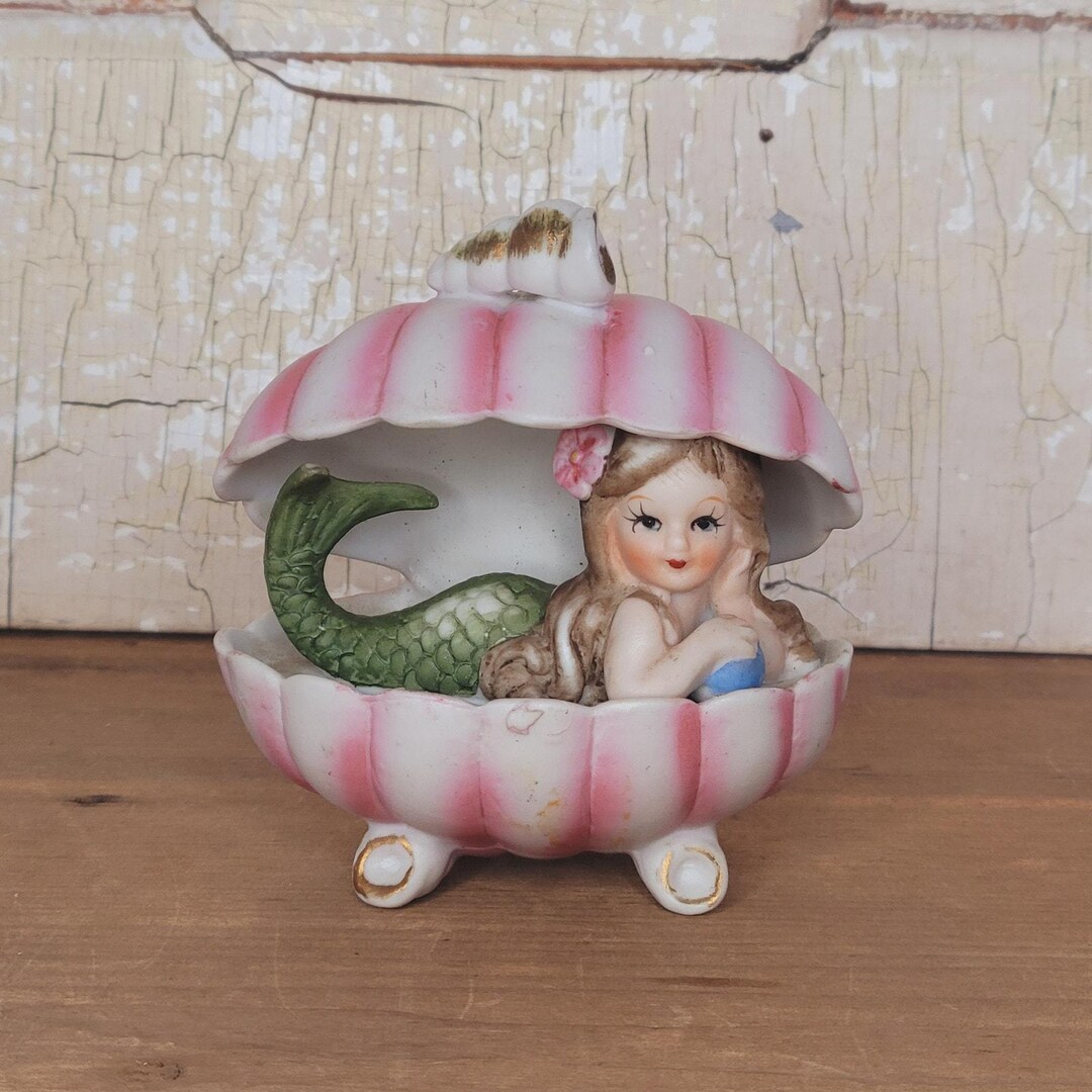 Vintage Kitsch Bisque Mermaid Figurine in Pink Shell, Charming Decor ...