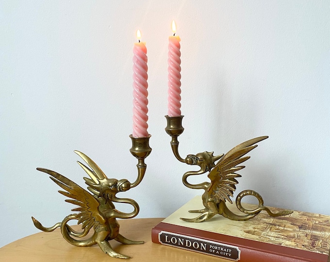 Antique Brass Dragon Candle Holders, Pair of Phoenix Candle Holders ...