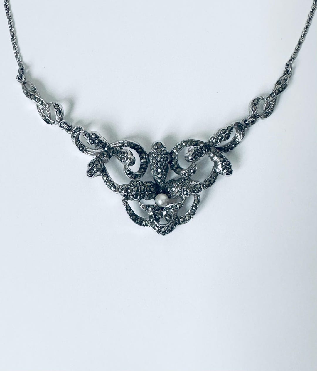 Vintage Art Deco Style Marcasite Necklace Choker With Pearl, Costume ...