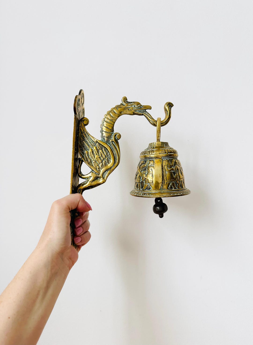 Vintage Solid Brass Dinner Bell Wall Mount Decor, Embossed Brass Bell ...