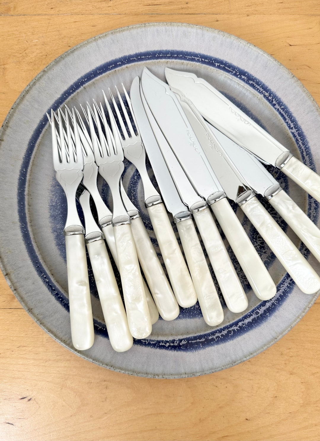 Vintage Sheffield Fish Cutlery Set, Faux Mother of Pearl Fish Knifes ...