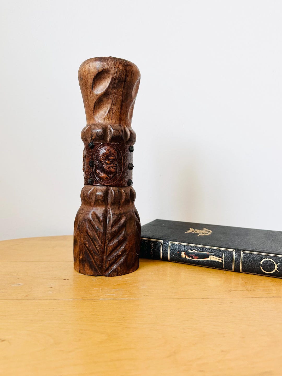 Rare Vintage Handcarved Wood and Leather Candlestick , Tall Chunky ...