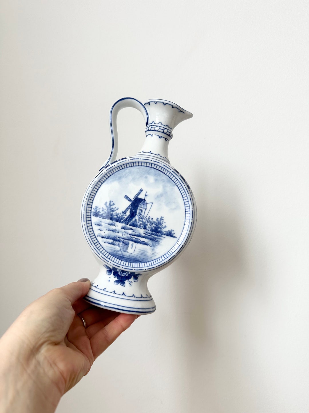 Moon Vase, Windmill Pitcher, Dutch Vase, Hand-painted Blue and White ...