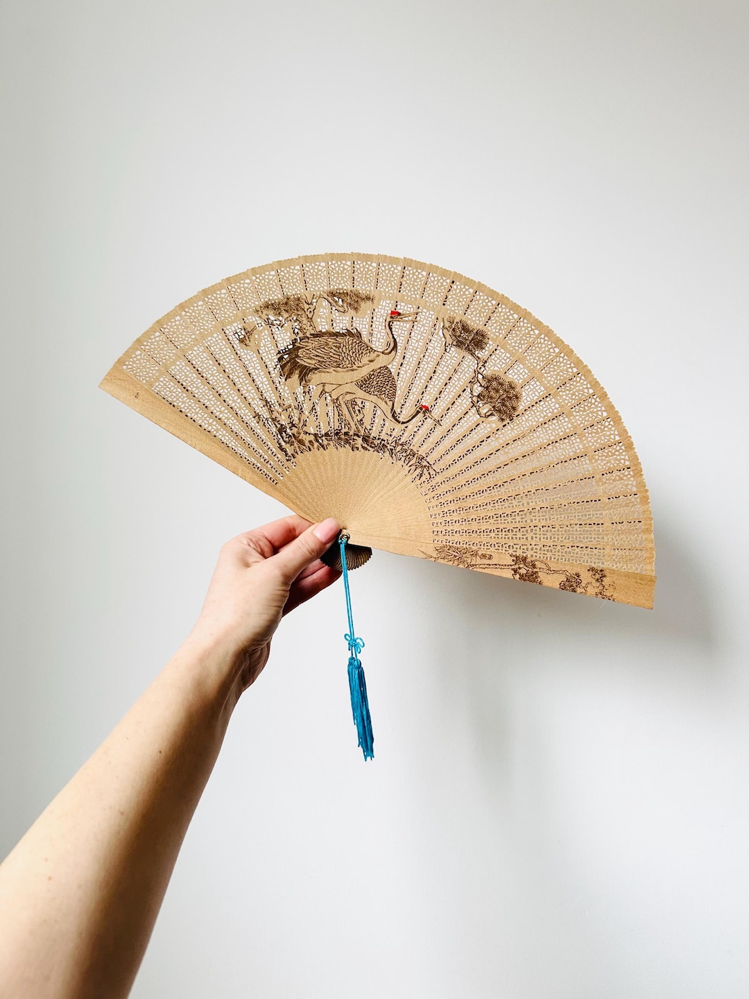 Vintage Sandalwood Folding Fan, Wooden Fan, Asian Fan, Crane Bird Motif ...