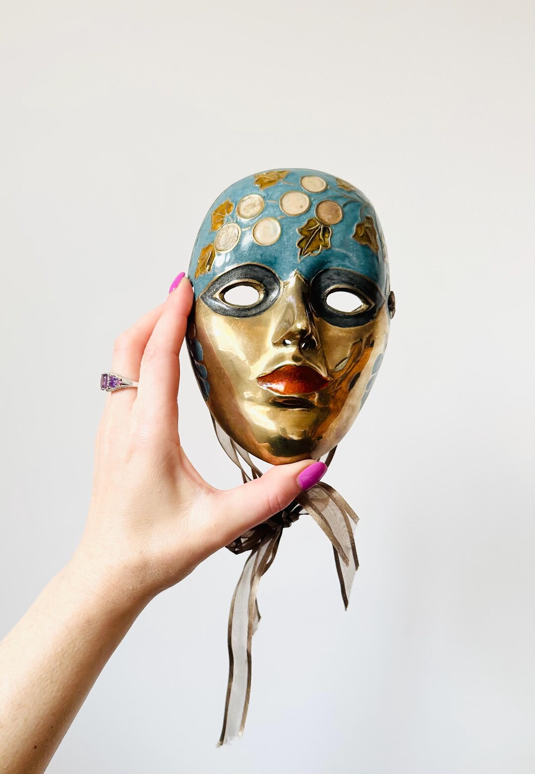 Vintage Brass and Enamel Mask - Etsy