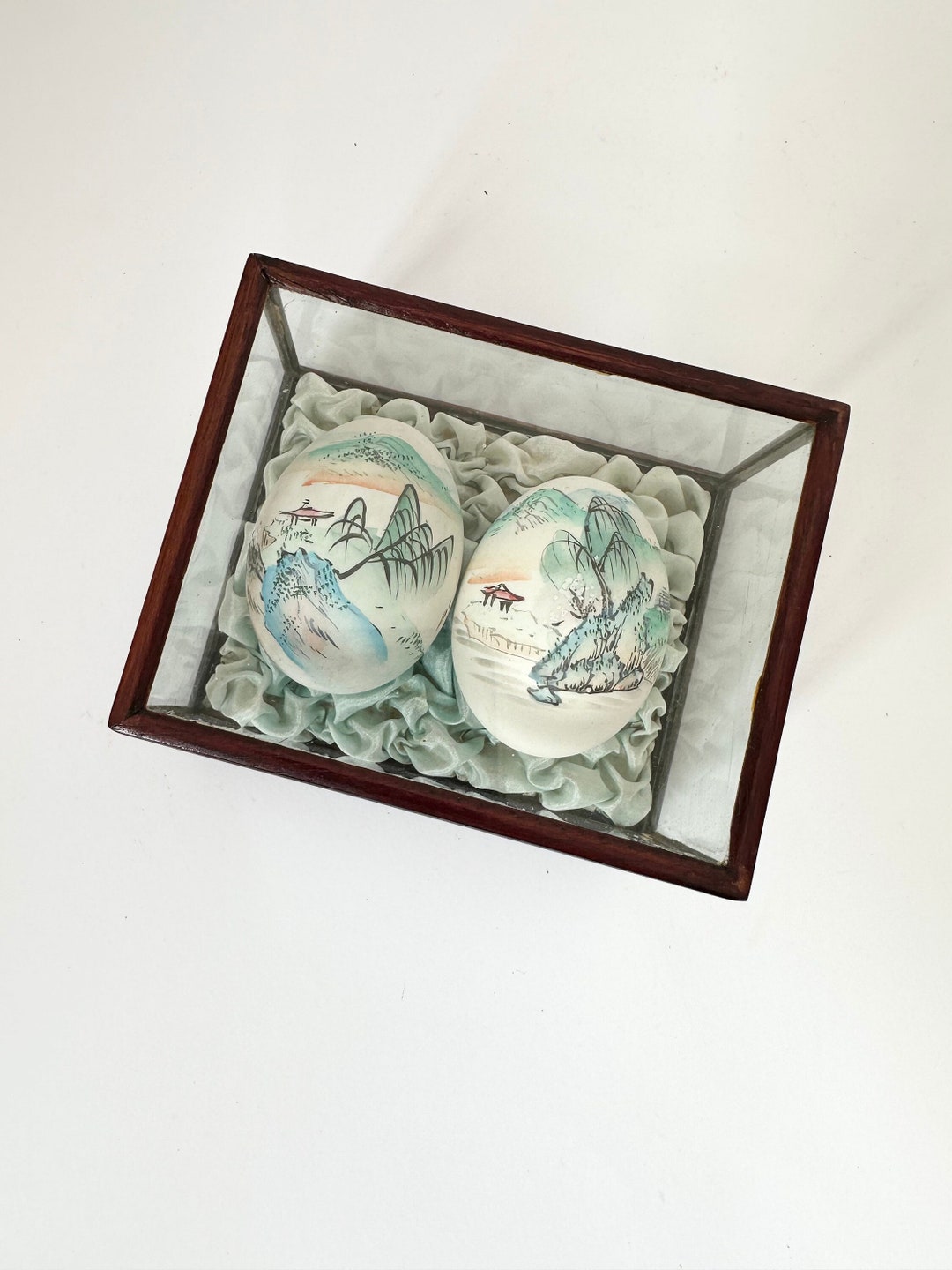 Chinese Hand Painted Hens Eggs Shells in Glass Case, Oriental Ornament ...