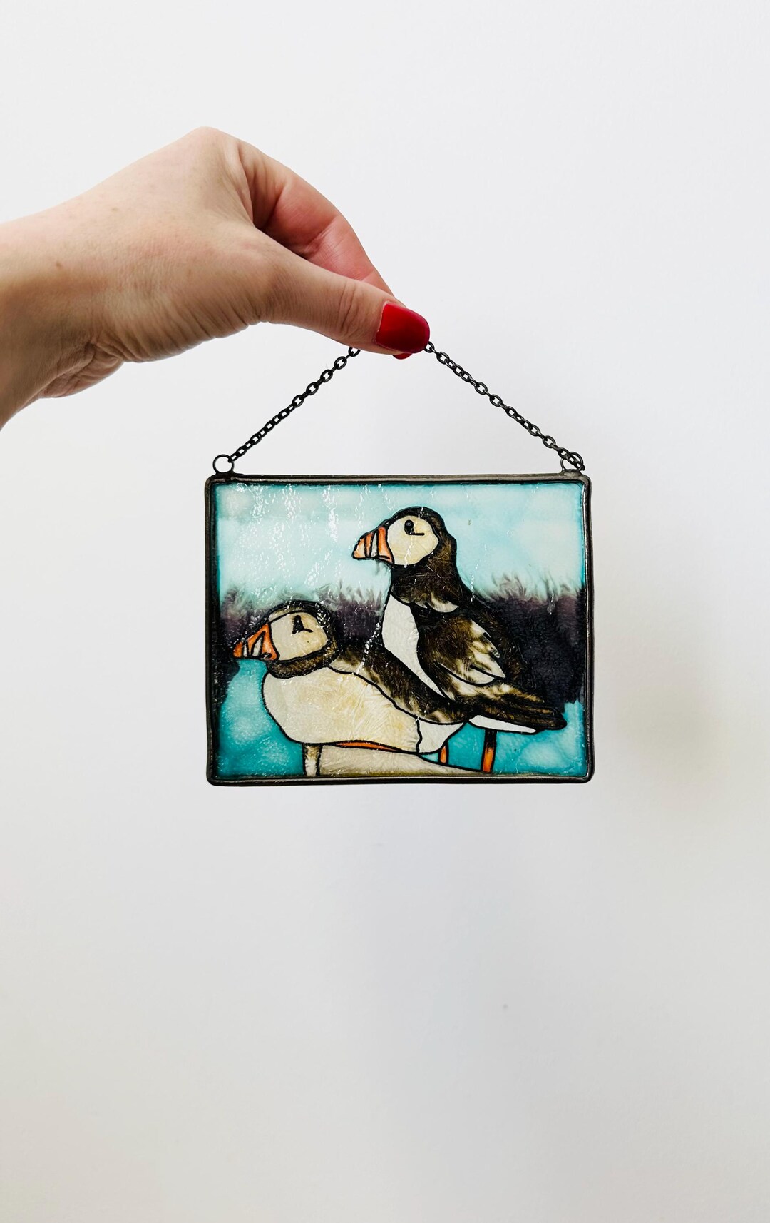 Hand-painted Stained Glass Window Sun Catcher, Puffins, Glass Picture ...