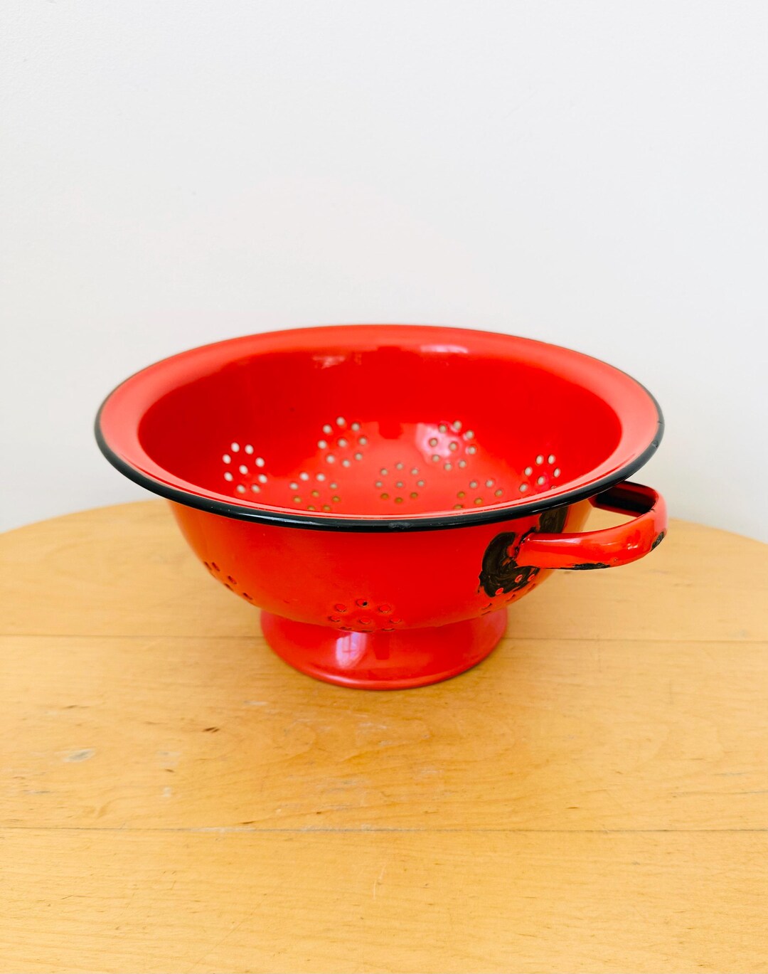 Vintage Enamelled Colander, Red Enamel Colander, French Farmhouse Decor ...