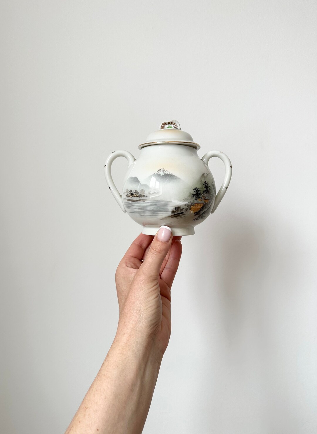 Antique Japanese Kutani Egg Shell Porcelain Pot With Two Handles, Fuji ...