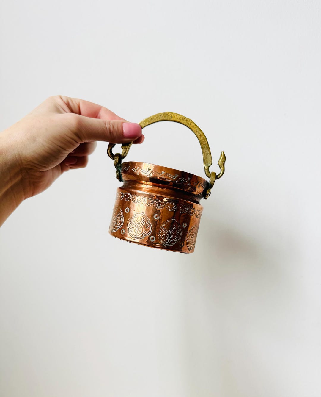Hand Hammered Copper Cauldron, Etched Pot With Handle, Vintage Copper ...