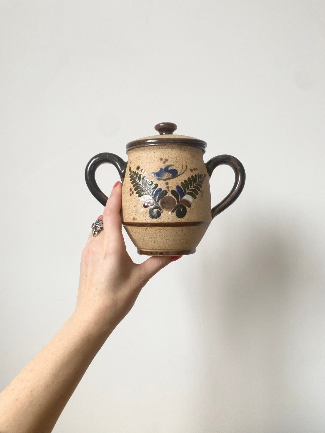 Mexican TONALA Sandstone Pottery, Hand-painted Pottery Jar With Lid, Bird and Flower Motif ...