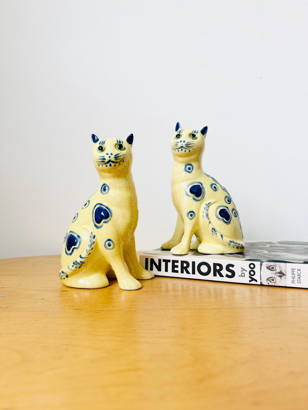 Pair of Emile Galle Style French Faience Yellow and Blue Cats, Glass ...
