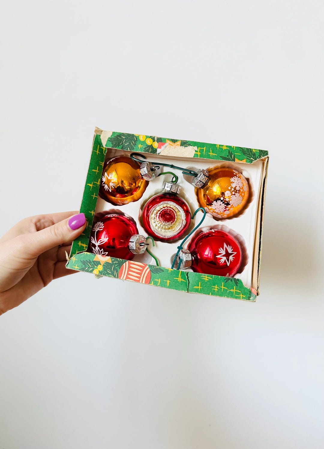 Vintage Glass Baubles, Set of 5 Small Hand-painted Glass Christmas Tree ...