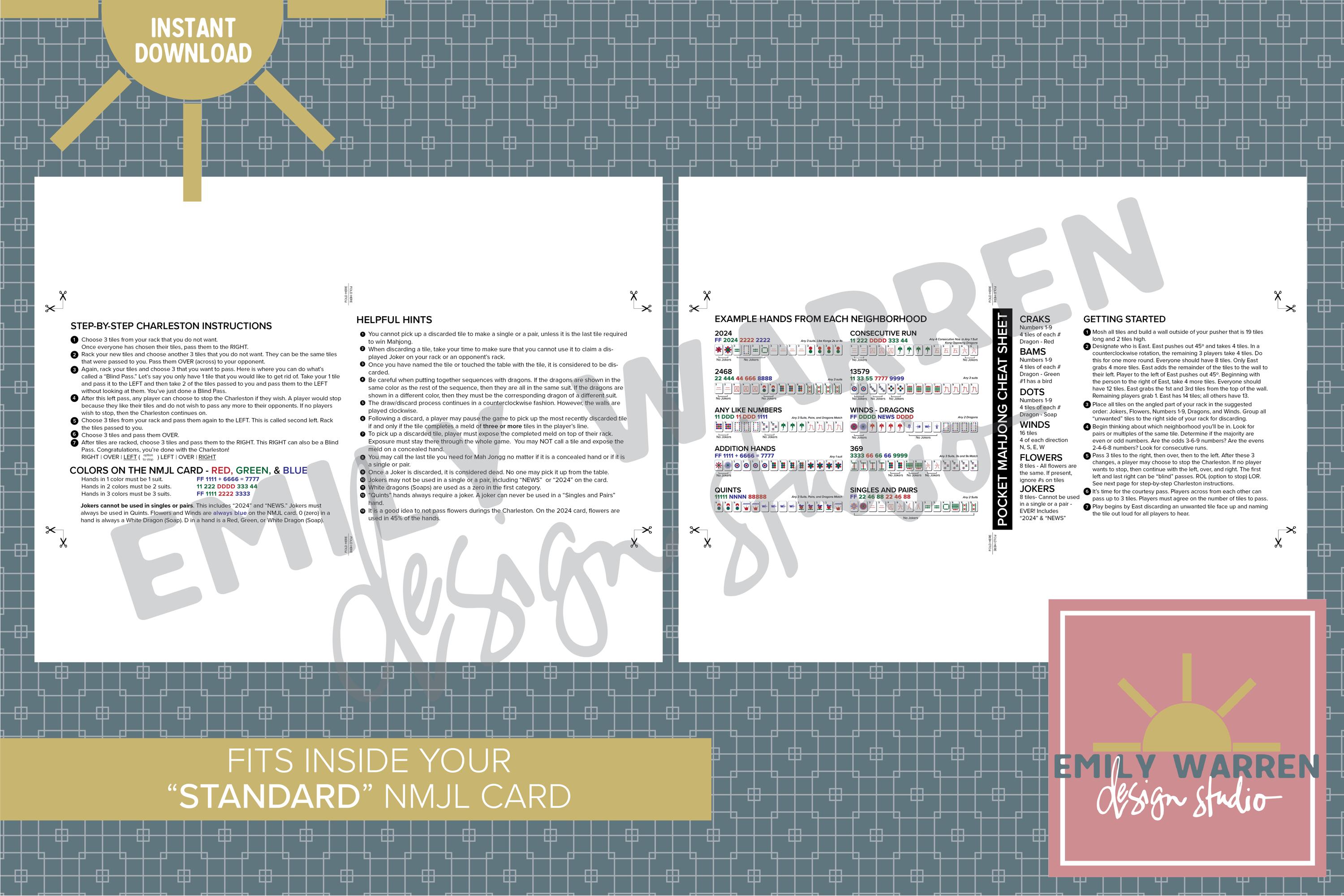 PRINTABLE Pocket Mahjong Cheat Sheet, Instant Download, Mahjong Board ...