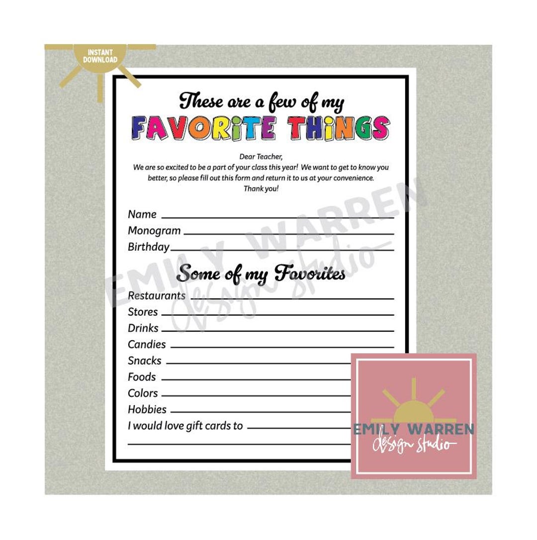Teacher Appreciation Week Favorite Things Questionnaire, Back to School ...