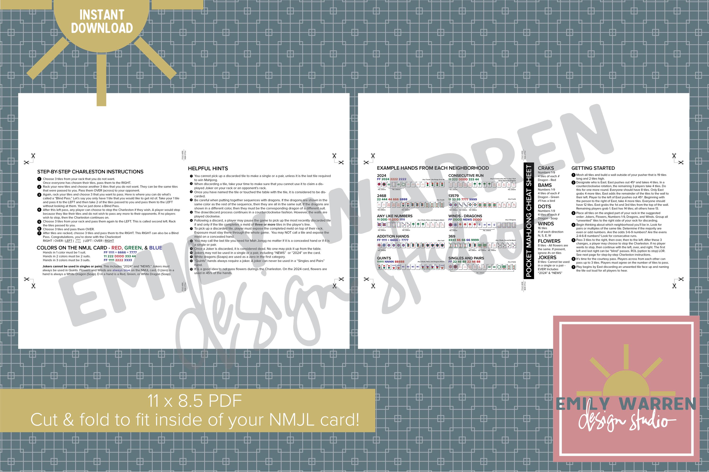 PRINTABLE Pocket Mahjong Cheat Sheet, Instant Download, Mahjong Board ...