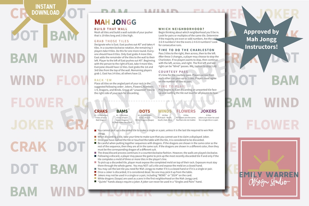 Mah Jongg Cheat Sheet, Mahjong Cheat Sheet, Mahjong Starter Guide ...