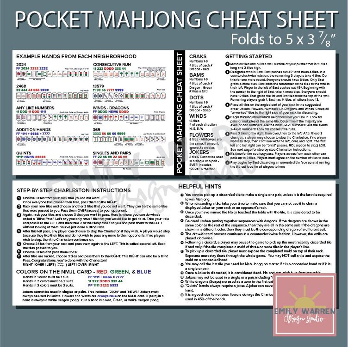 PRINTABLE Pocket Mahjong Cheat Sheet, Instant Download, Mahjong Board ...