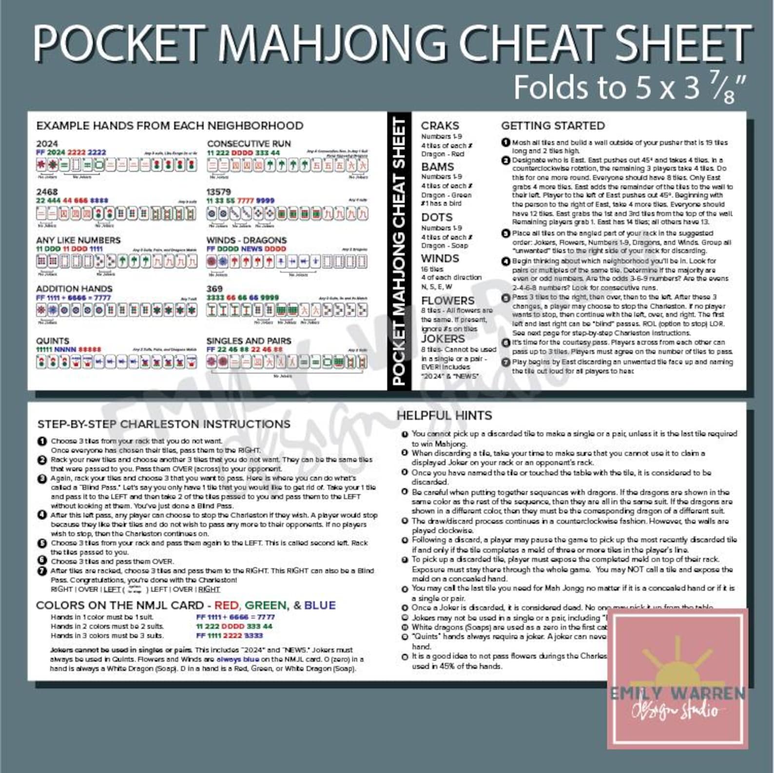PRINTABLE Pocket Mahjong Cheat Sheet, Instant Download, Mahjong Board ...