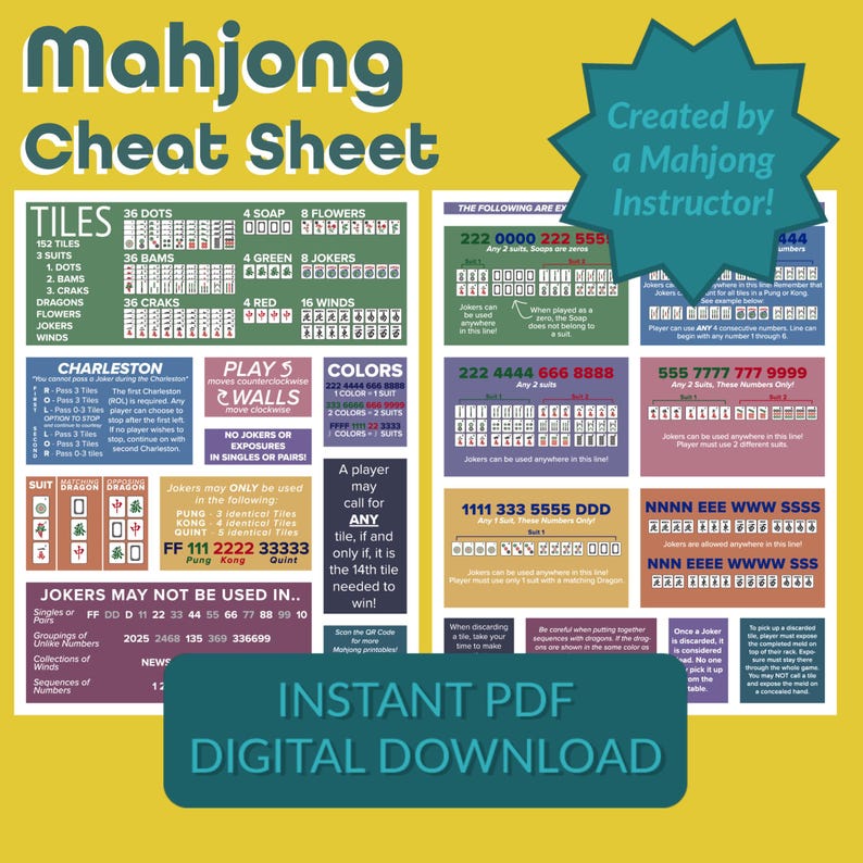 Printable Mahjong Cheat Sheet: Beginner's Guide & Rules (PDF Download ...